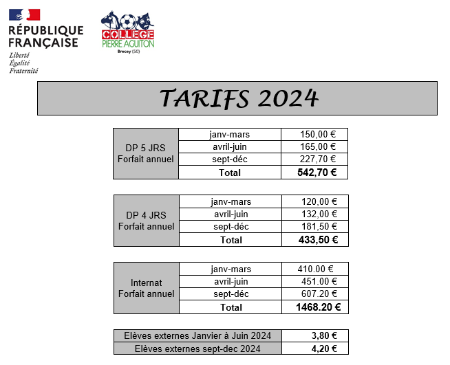 Tarifs 2024 - Collège Pierre Aguiton